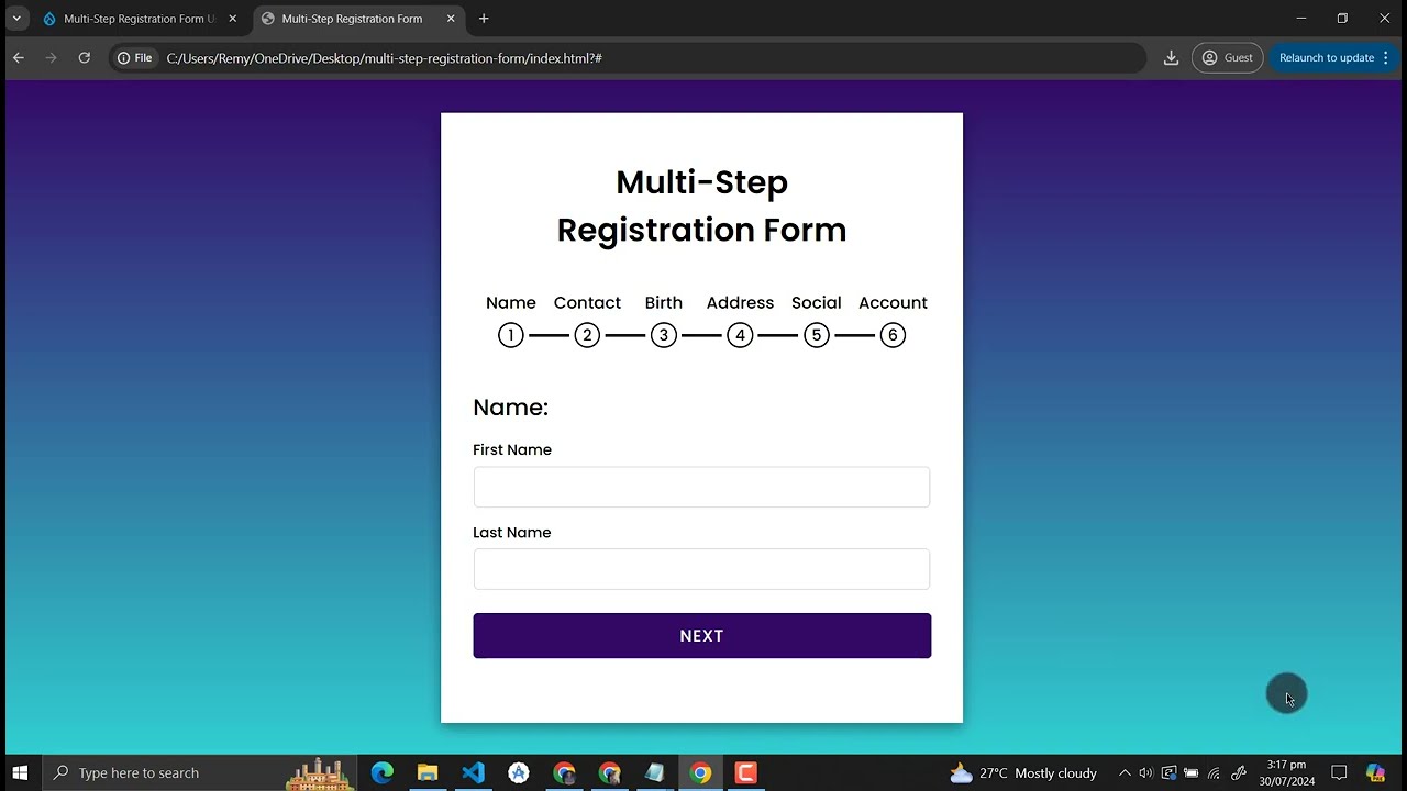 Multi-Step Registration Form Using HTML, CSS and JavaScript with Source Code