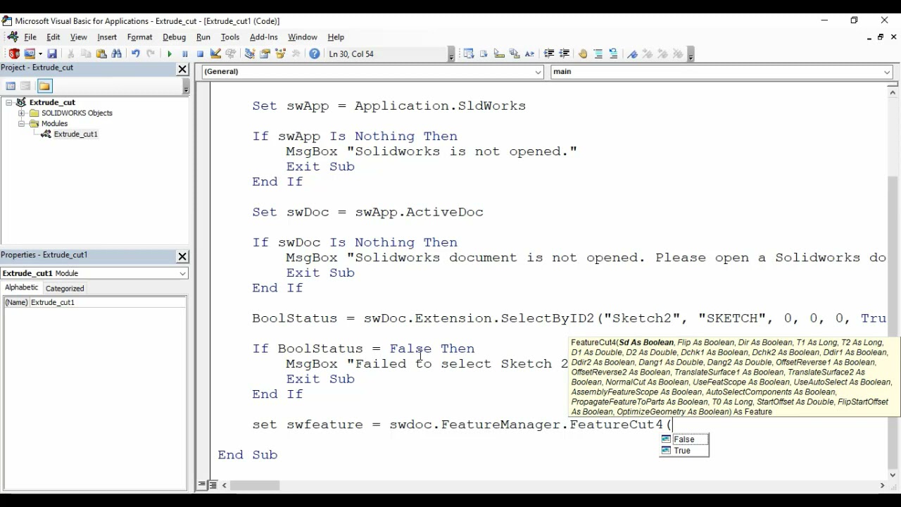 Solidworks Macro – Create Extrude Cut