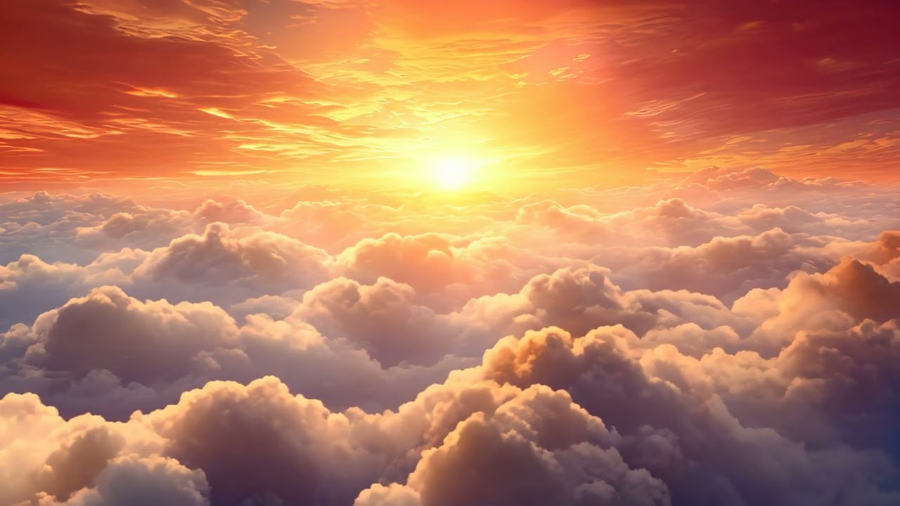 Beautiful aerial view above clouds at sunset. 3d render illustration, beautiful sunset in the sky