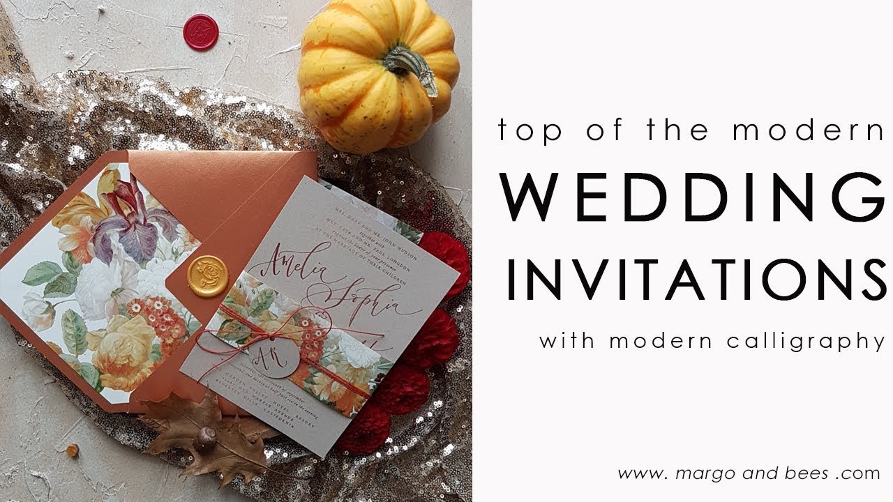 Modern calligraphy wedding invitations with vintage flowers