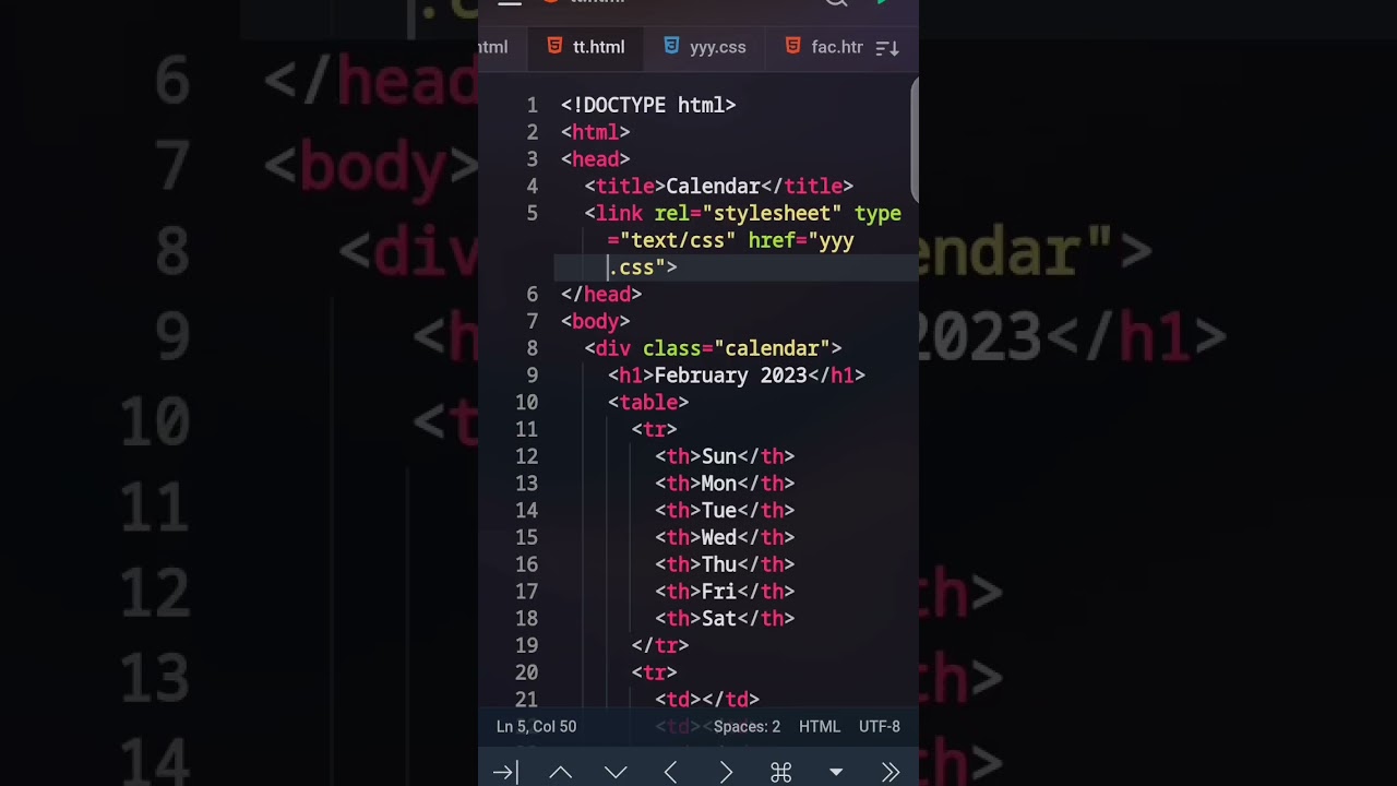 Make Simple Calendar in Html Css #viral #shorts #youtubeshorts #html #css