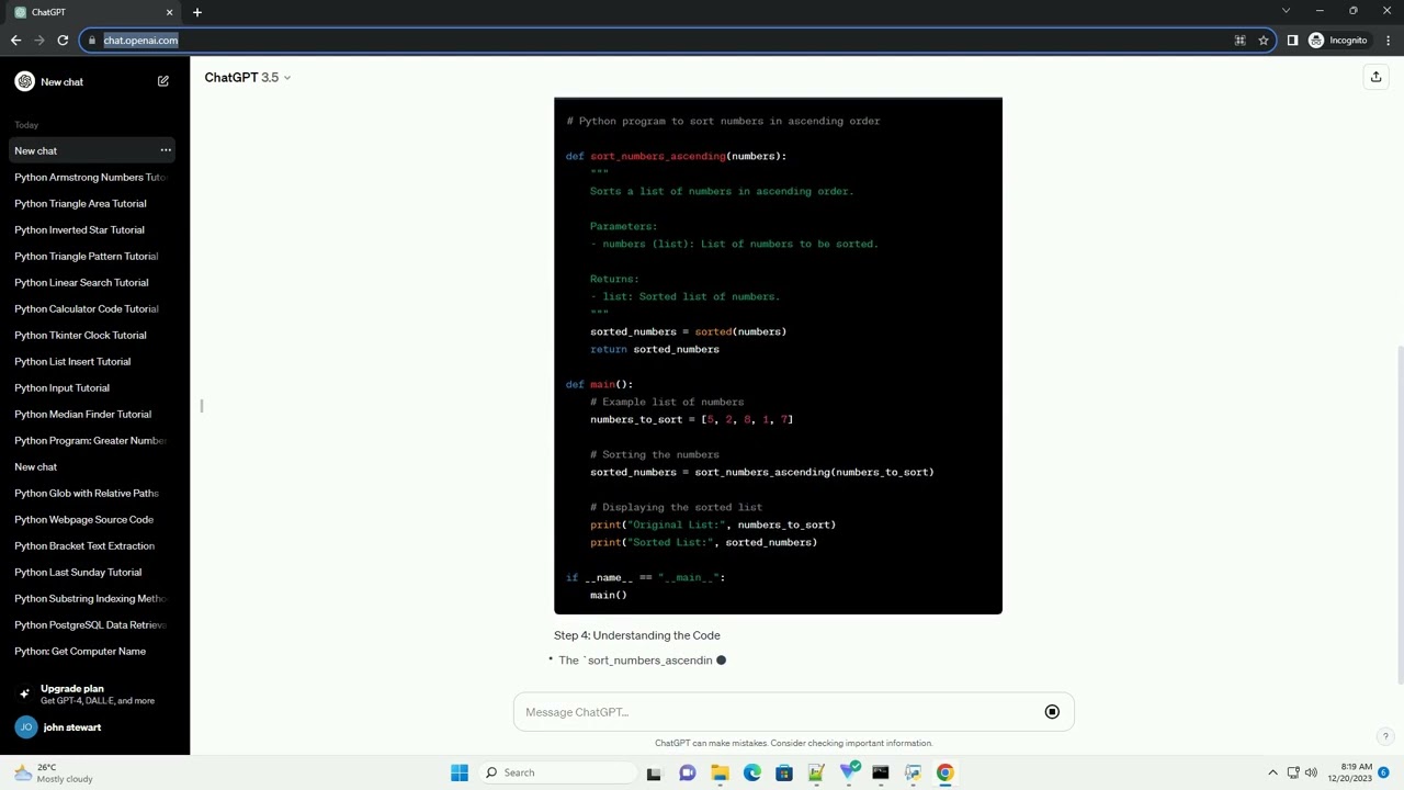 python program to sort numbers in ascending order