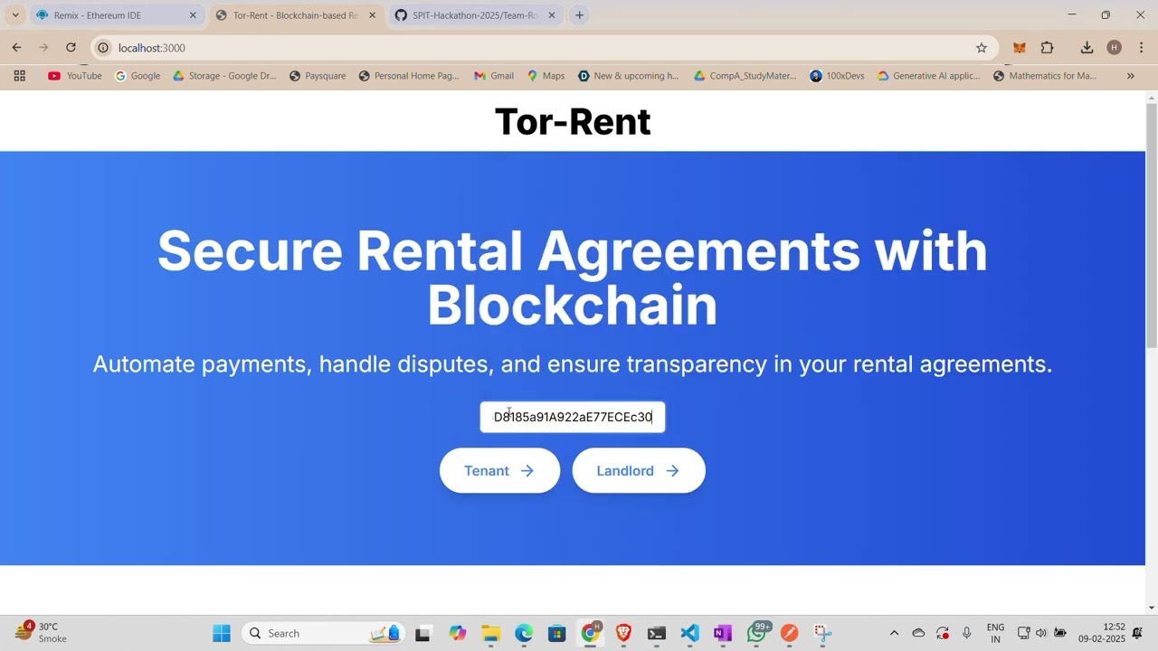 SPIT Hackathon 2025 tor-rent (Blockchain Based Rental System)