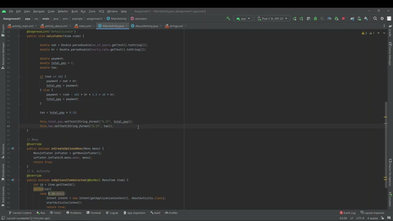 Android Application For Salary Calculation and Menu Implementation