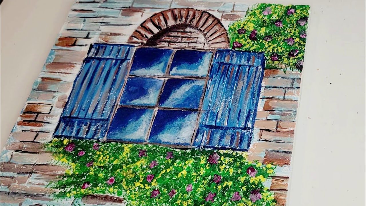 Old Brick Wall with Vintage Window/Textured Canvas Art/Acrylic Painting, Step-by-Step Tutorial
