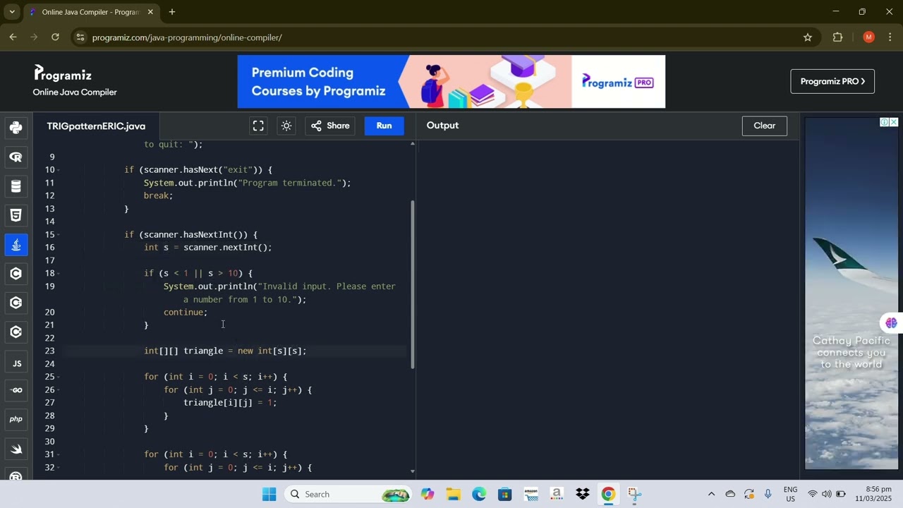 TRIANGLE PATTERN using 2D ARRAY IN JAVA