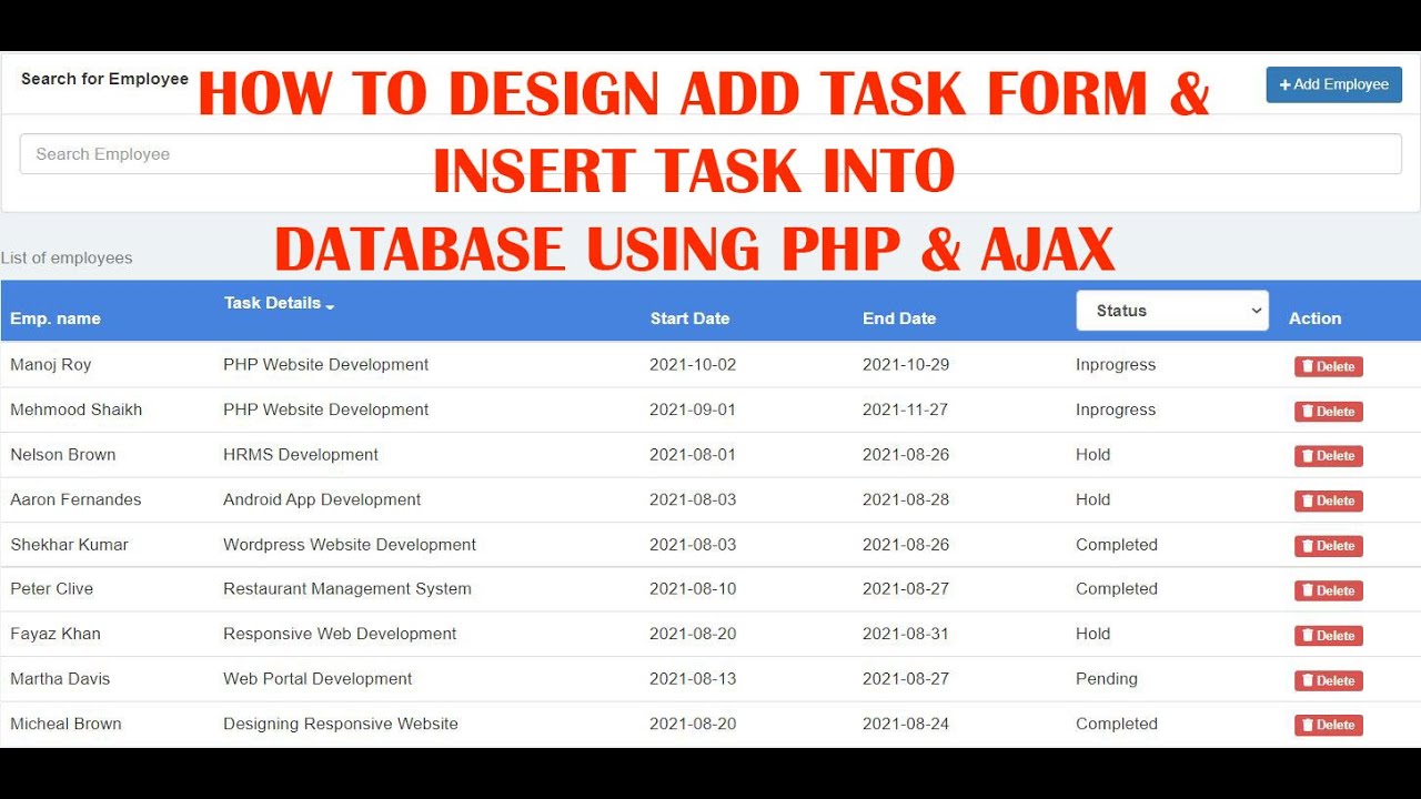 How to design add task form and insert data into MySQL database using PHP AJAX and Bootstrap Part-3
