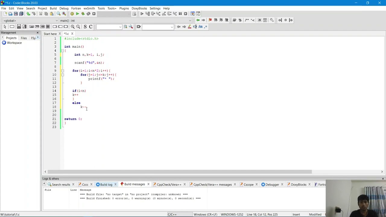 Half Diamond Star Pattern in C