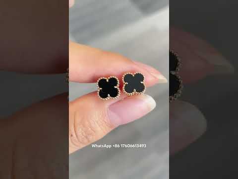 Custom Made Van Cleef Arpels Vintage Alhambra Earrings 18K Real Gold Onyx Stone