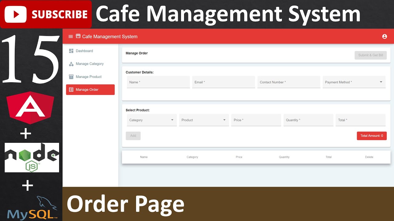 15. Cafe Management System - Order Page (Angular, Node.js, MySQL Database)