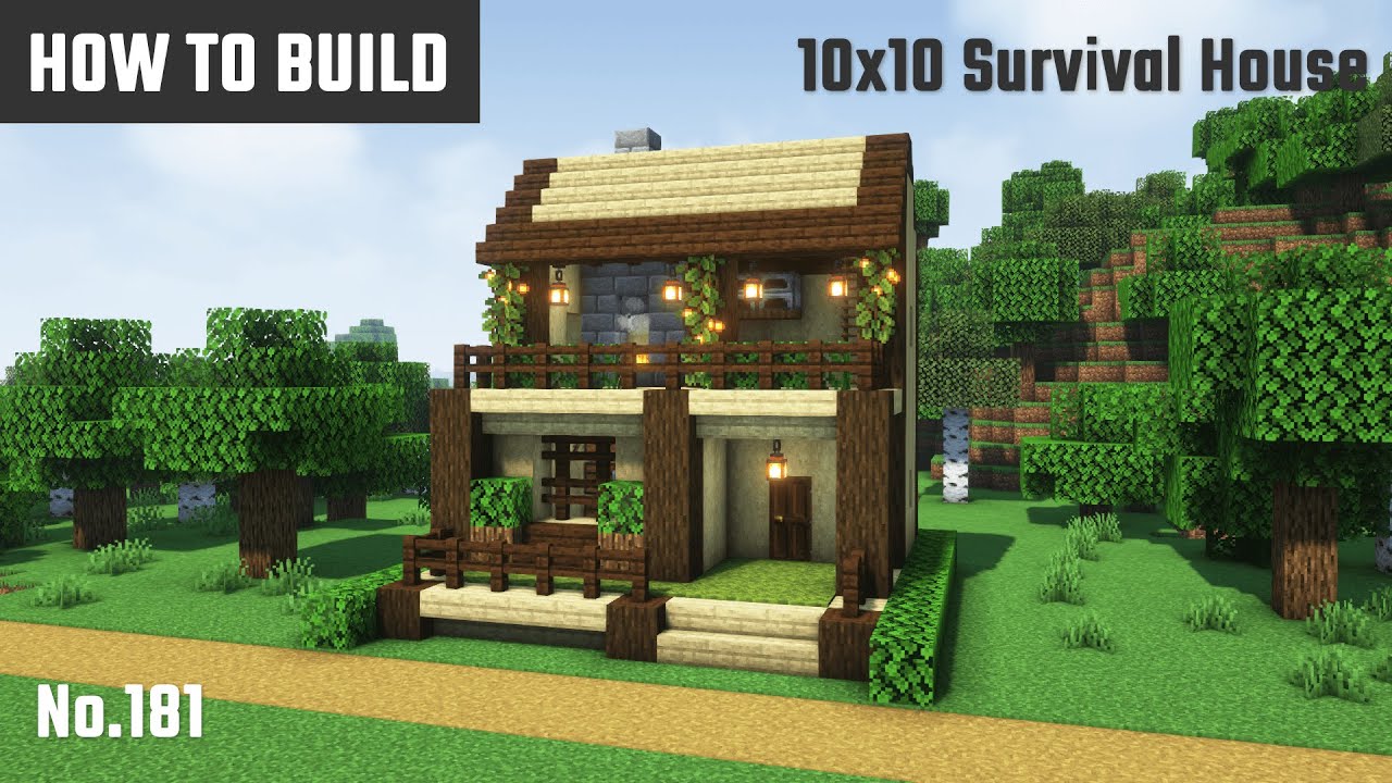 マイクラ建築：2種類の木で作れるサバイバルハウスの作り方。10x10ブロックで簡単に。No.181【Minecraft ...