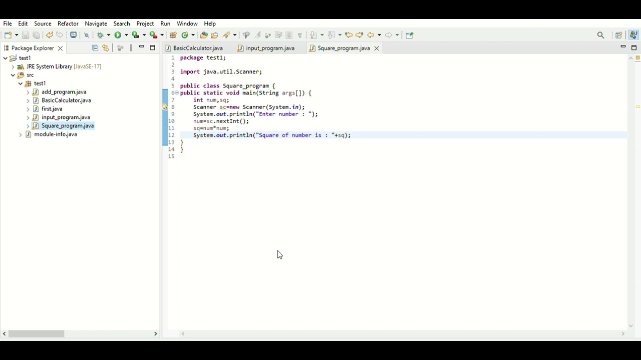 How to find Square of a number program in java Eclipse