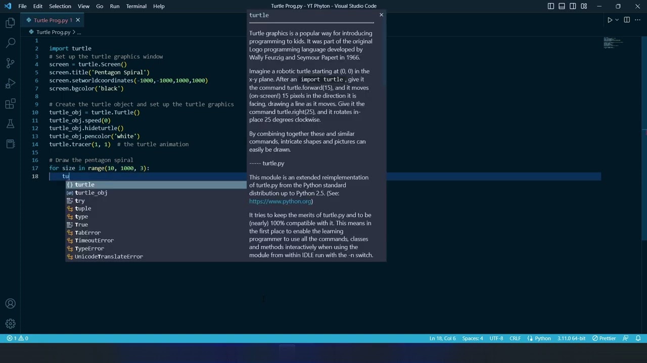 Python Turtle Graphics Tutorial: How to Draw a Pentagon Spiral