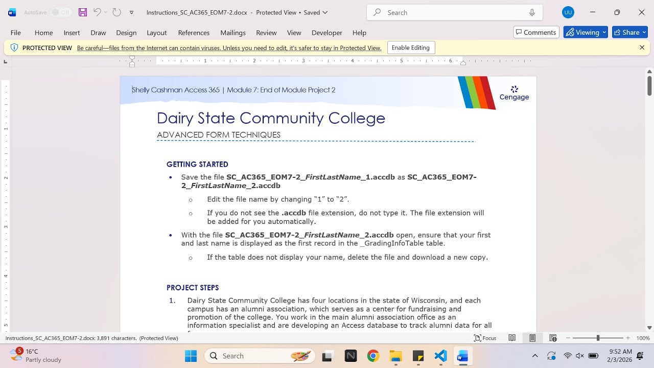Shelly Cashman Access 365 | Module 7: End of Module Project 2 Dairy State Community College