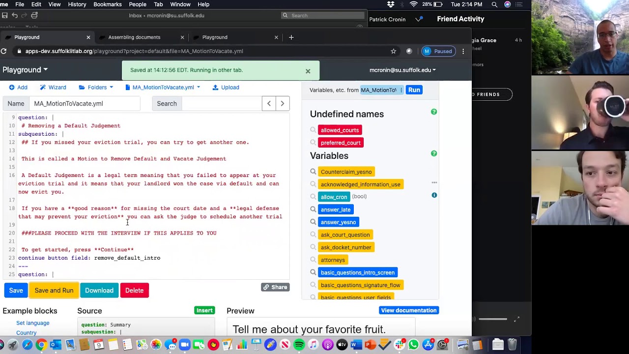 Getting started with a docx template in docassemble; using code block to control question order