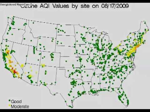 USA Map of Ozone Levels over 7 summers (daily maximums)