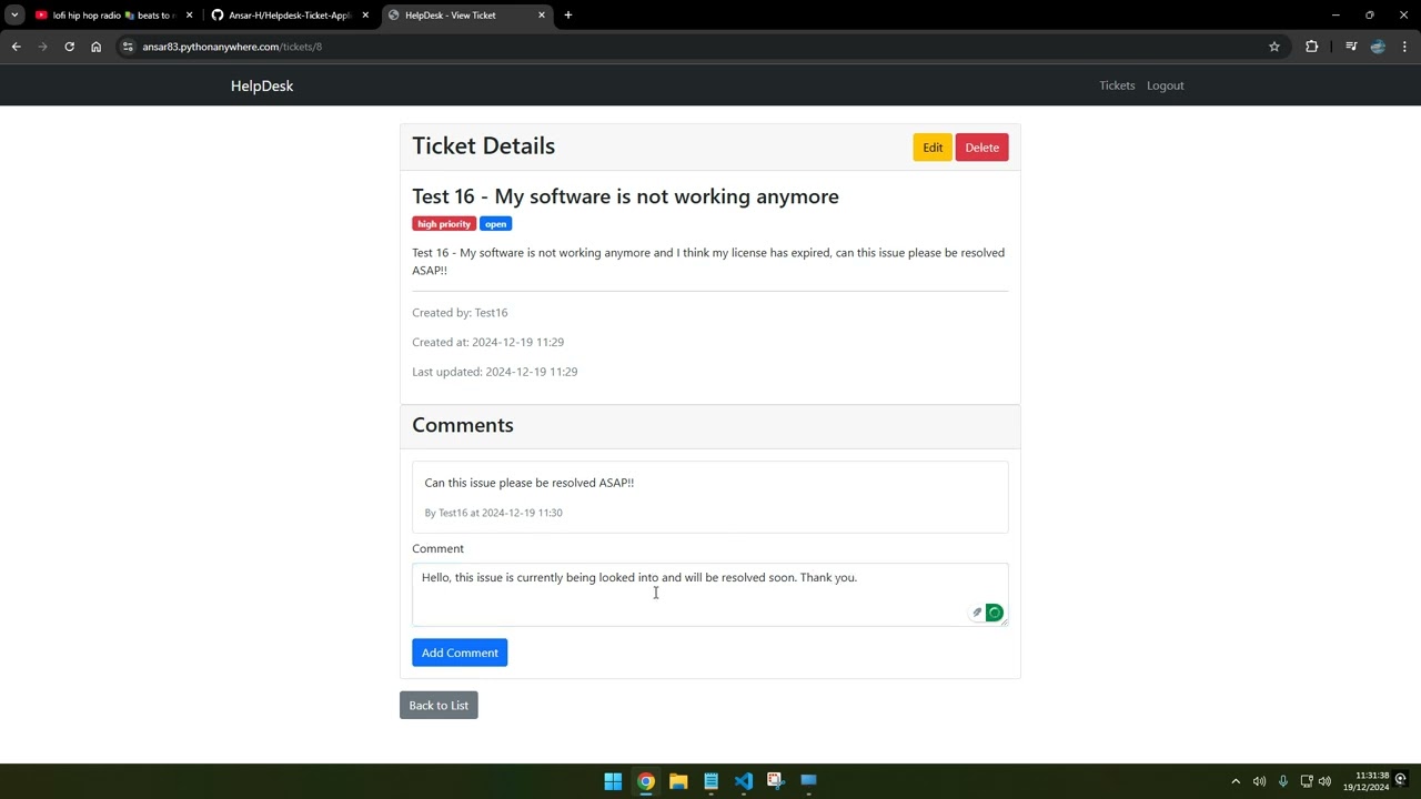 Python Flask Helpdesk Ticket Application Functionality - SE&A