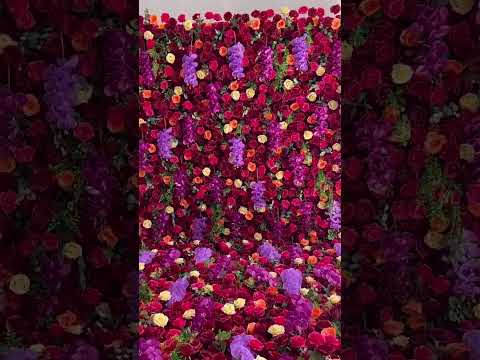 Fake orchids flower wall | Purple red roses floral arrangement wedding decor DIY craft ideas