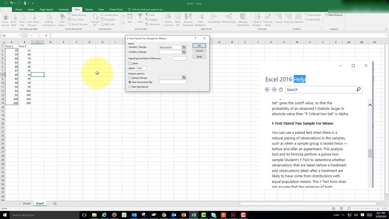 Excel Data Analysis Toolpack   T test