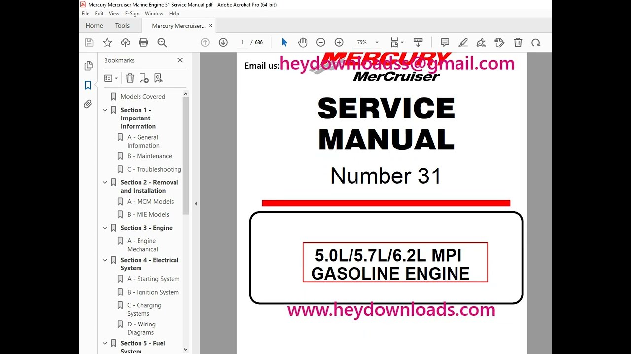 Mercury Mercruiser No 31 5.0L/5.7L/6.2L MPI GASOLINE ENGINE Service Manual