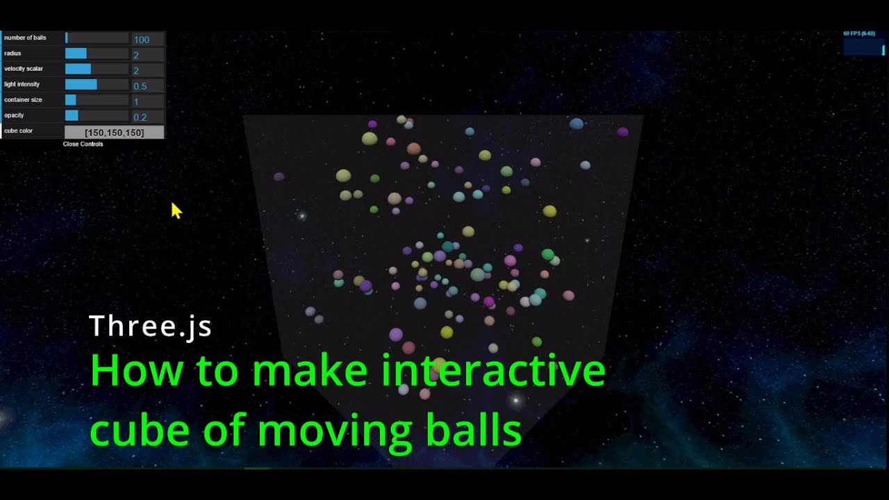 18c How to make interactive cube of moving balls using position and velocity three.js