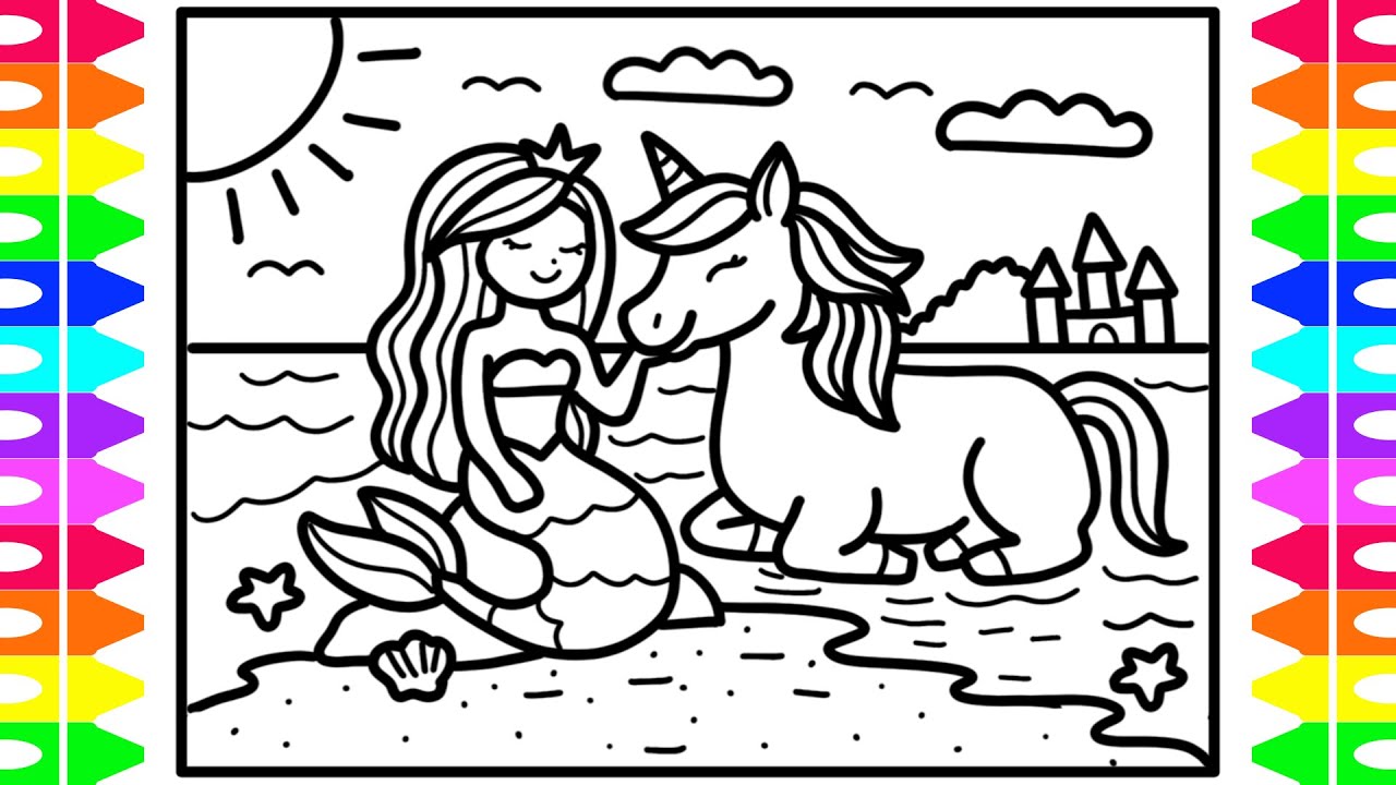 How to Draw a Princess Mermaid and Unicorn for Kids 👑🦄💜💛💗 Mermaid Unicorn Drawing and Coloring Pages