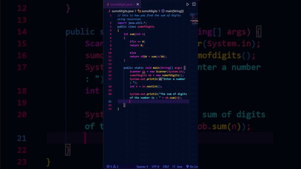 Recursion: sum of digits | JAVA | Speed Code #codingtutorials #recursion #java