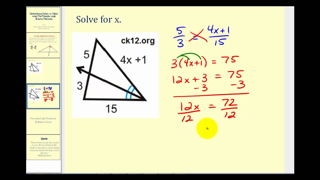 Using the Properties of the Triangle Angle Bisector Theorem to Determine Unknown Values