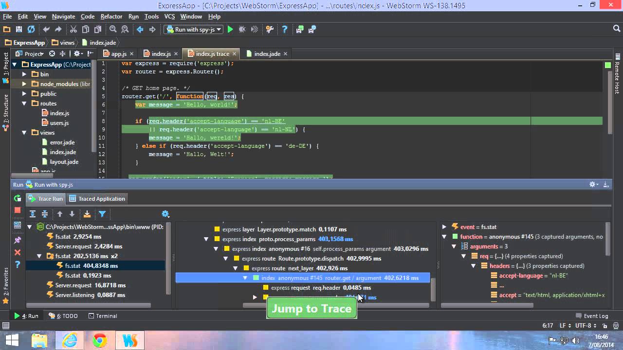 WebStorm 9 - Spy-js for Node.js: tracing, debugging and profiling Node
