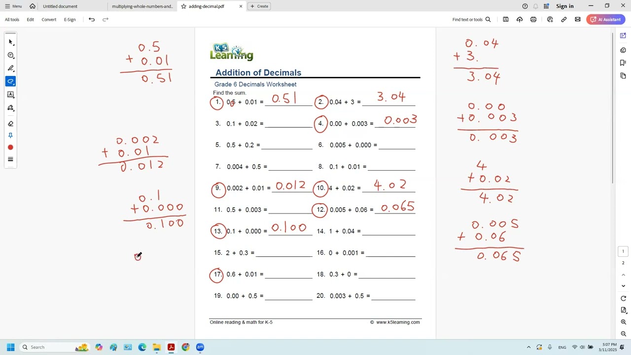 K5 Math G6 Addition and Multiplying of decimals，加拿大六年级小数点加法和乘法