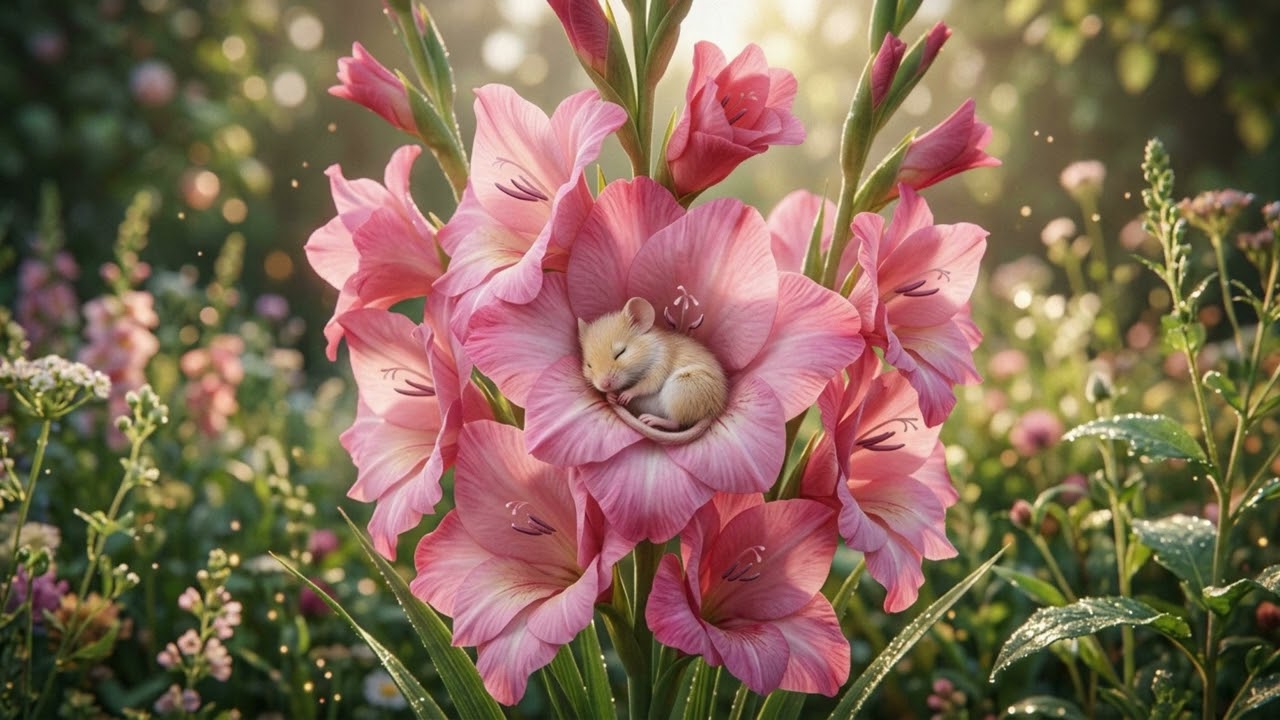 Pink Flowers with a Dreaming Mouse wallpaper screensaver