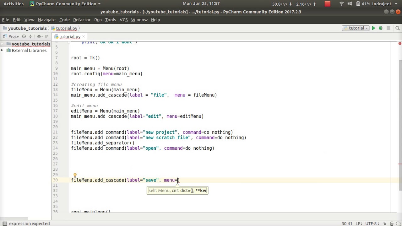 Python GUI Tutorial - 10 -  creating SubMenus | menu inside menu | tkinter tutorial
