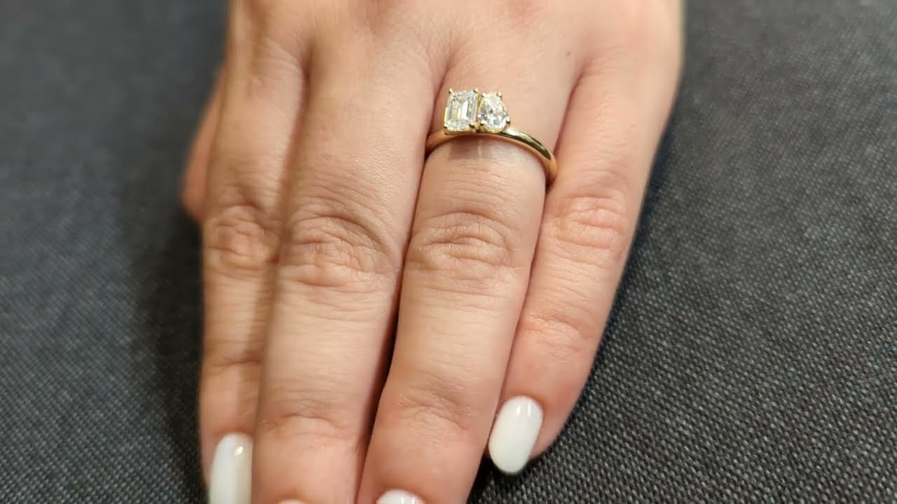 0.5 Carat Double Stone Engagement Ring Pear Cut and Emerald Cut Moissanite Two Stone Wedding Ring