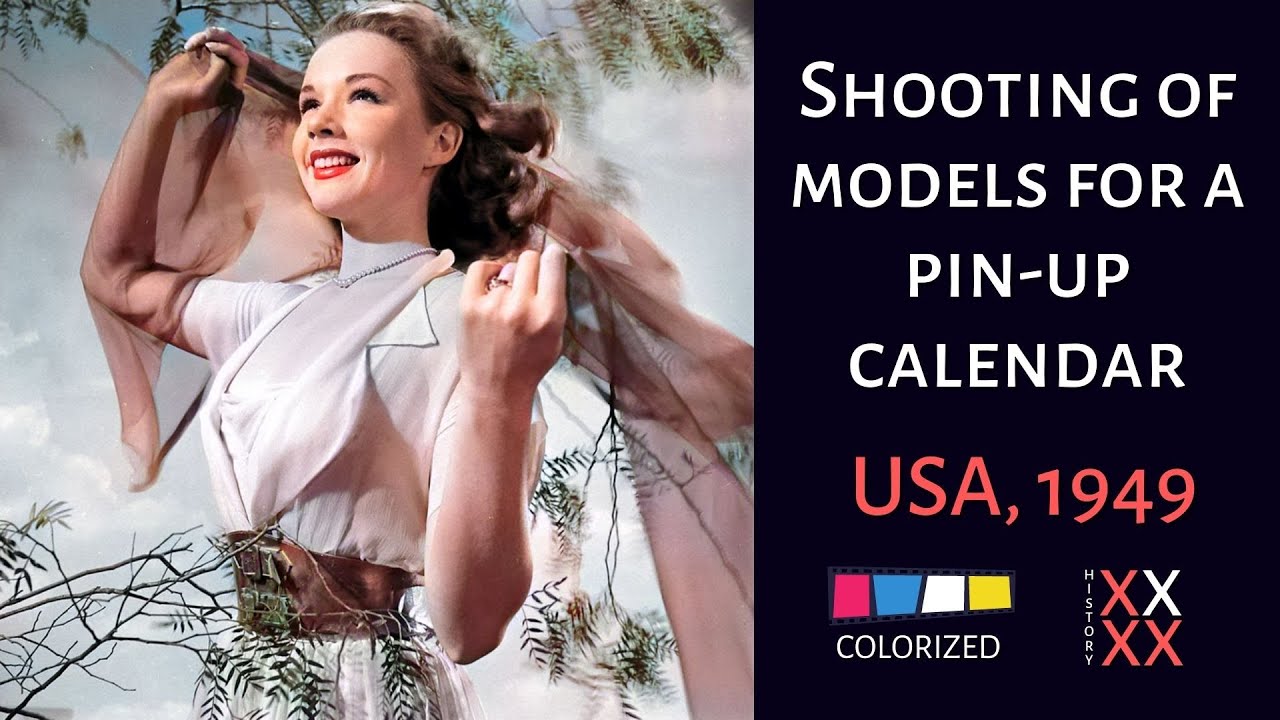 Shooting of models for a pin-up calendar. USA. 1949 (Colorized)