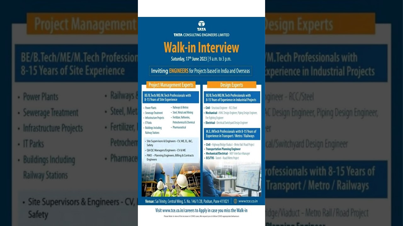 Tata Consulting Engineers Limited (#TCE) invites #engineers for #projects in #indiCivil Engineer