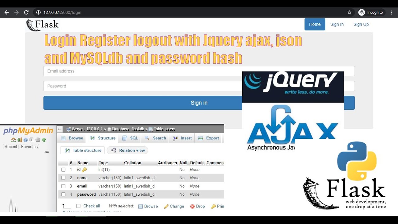 Python Flask MySQLdb  Login Register logout with Jquery ajax, json and and password hash