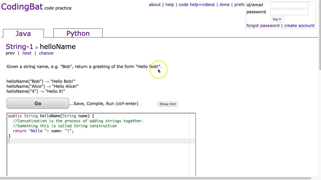 Codingbat - helloName (Java)