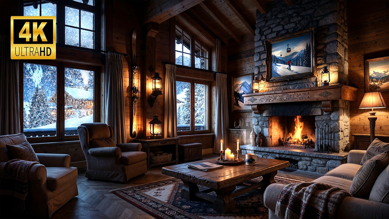 Winter Living Wallpaper for TV 📺 Ski Lodge Fireplace (No Wind) Study Aid