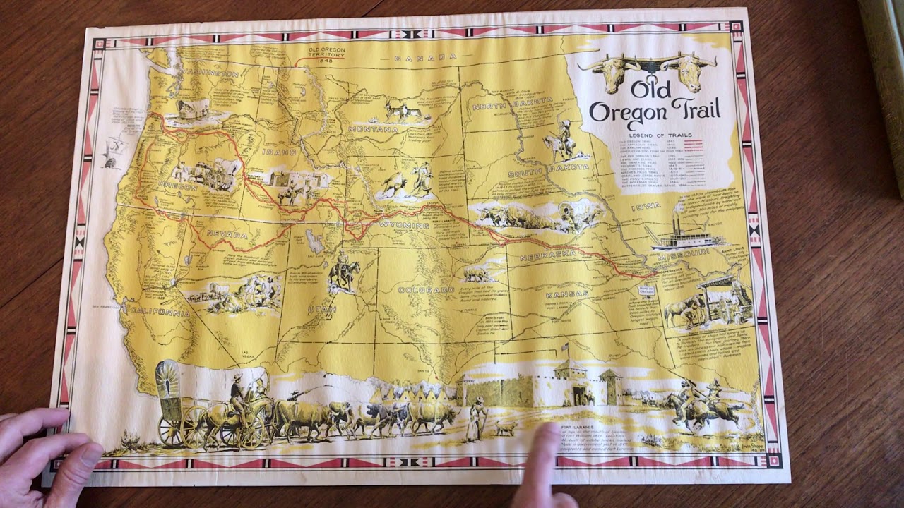 Old Oregon Trail map 1948 cartoon pictorial Shope Indians Wagons Gold