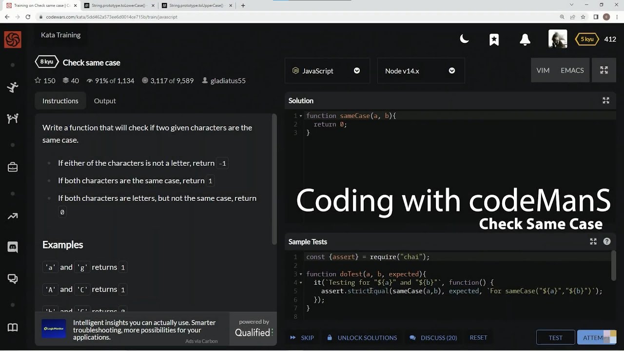 Codewars 8 kyu Check Same Case (if...else) JavaScript