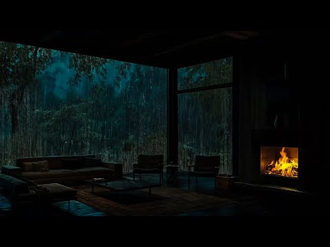 Non-stop Rain at Night | Cozy Room with Fireplace Sounds and Rainfall for Deep Relaxation