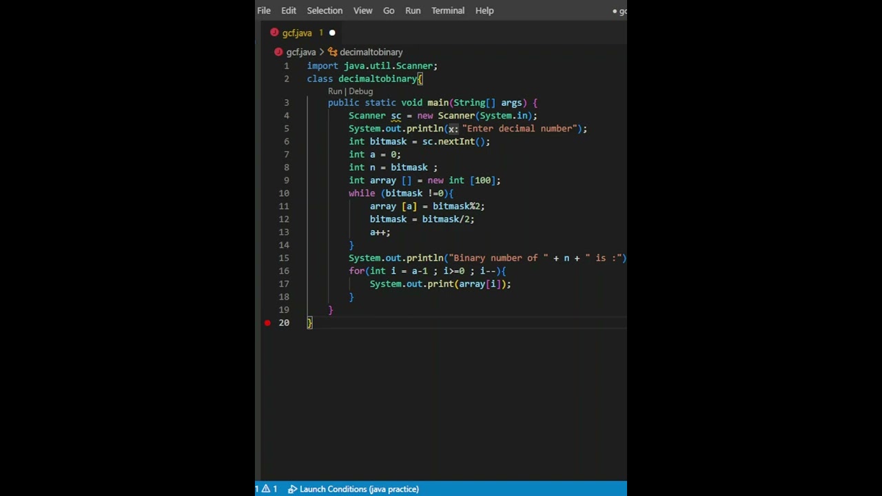 Codes to convert a decimal number into binary number in java  #shorts