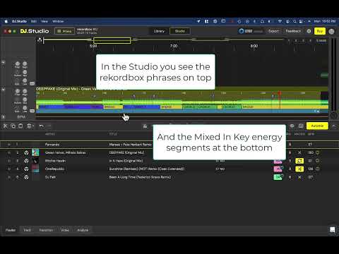 DJ.studio shows rekordbox phrases and Mixed in Key Energy levels