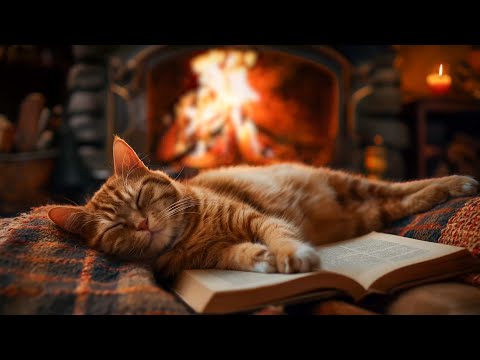 Fall Asleep with Purring Cat In Cozy Room🔥Crackling Fireplace and Purr Sound for Deep Sleep, Healing