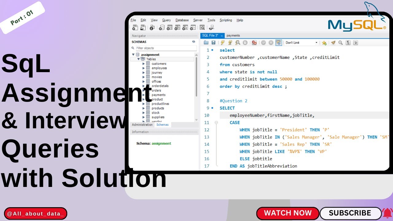 SQL Assignment & Interview Queries with Solutions (example) | MySQL Database part 1