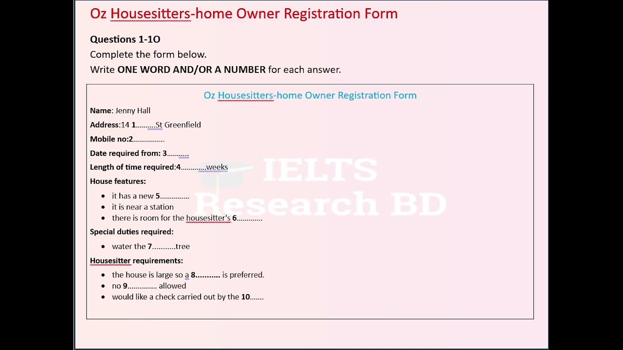 Oz Housesitters home Owner Registration Form part 1 IELTS Actual listening