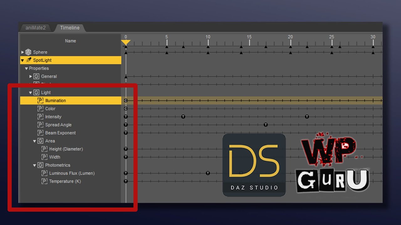 Showing keyframes for Parameters, Properties and Morph Dials in DAZ Studio