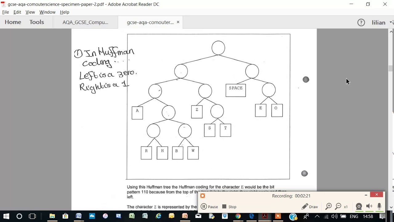 GCSE AQA ComputerScience Specimen Paper 2 No 2 - Huffman Coding