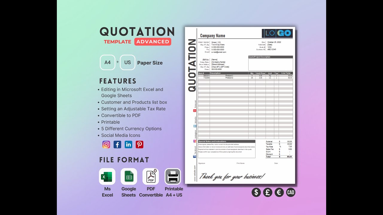 Quotation Excel template, Google sheets template, instant download