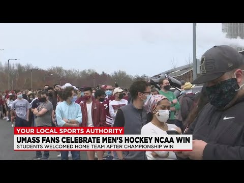 Fans celebrate UMass Men's Hockey return home after national title win